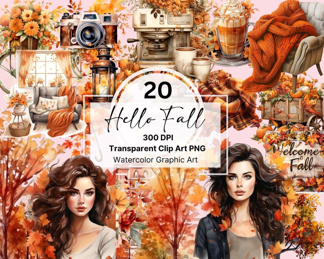 Hello Fall Watercolor Autumn Clipart, Cozy Fall Graphics, Interior ...