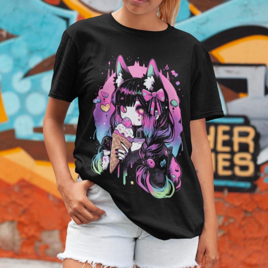 Pastel Goth Anime Fox Oversized T-shirt Harajuku Streetwear Japanese ...