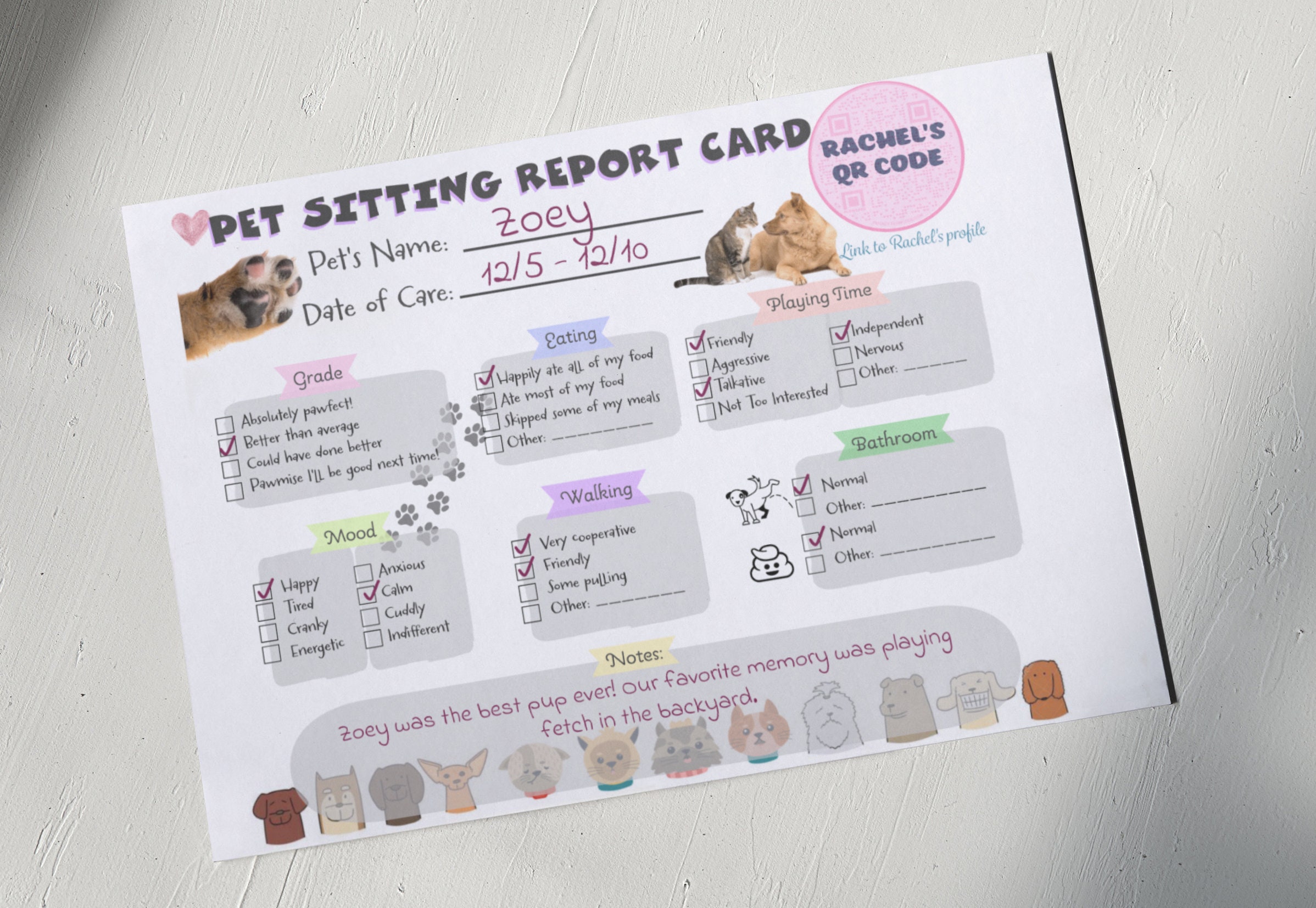 Pet Sitting Report Card - Etsy