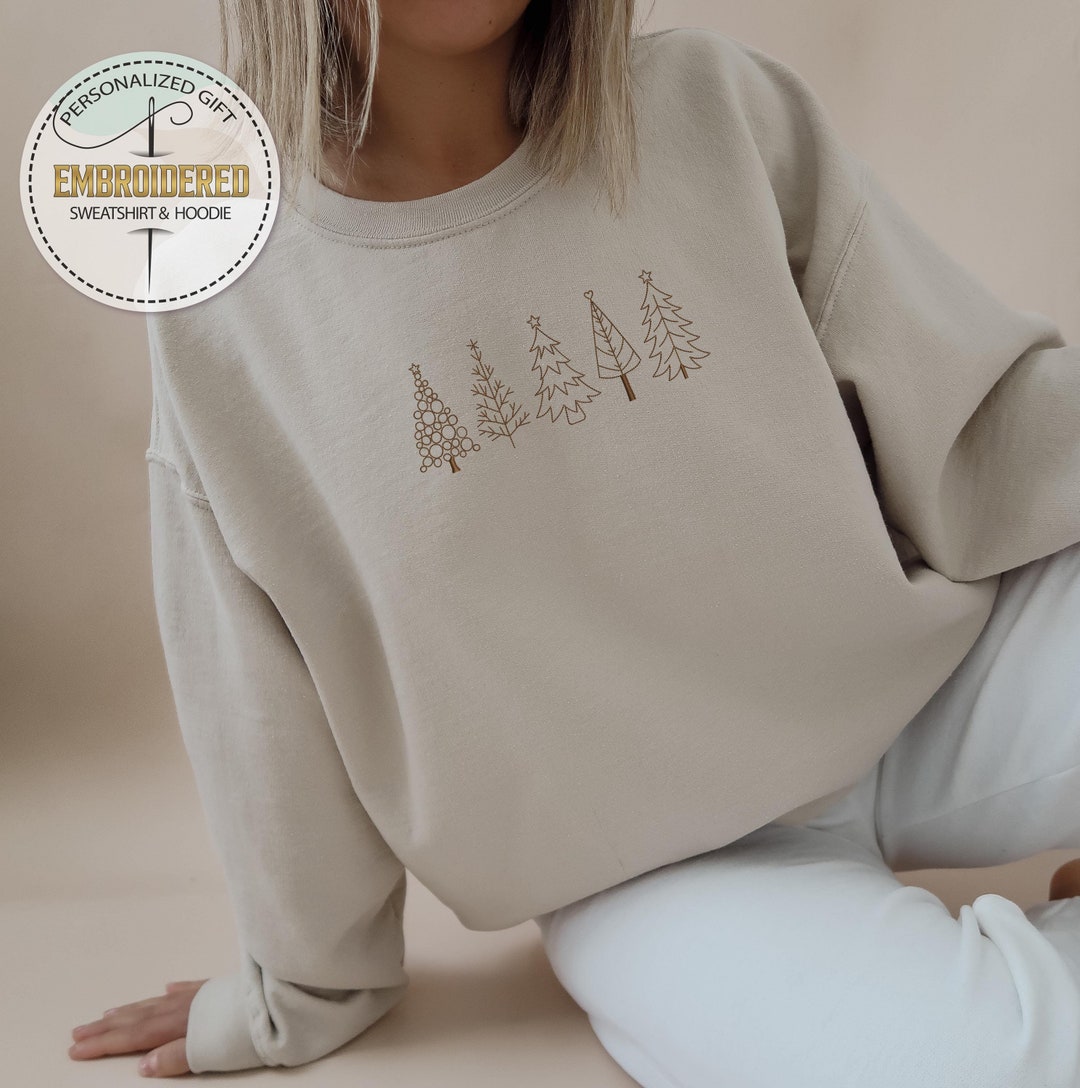 Embroidery Xmas Tree Sweatshirt, Embroidered Trees Hoodie, Pine Trees ...