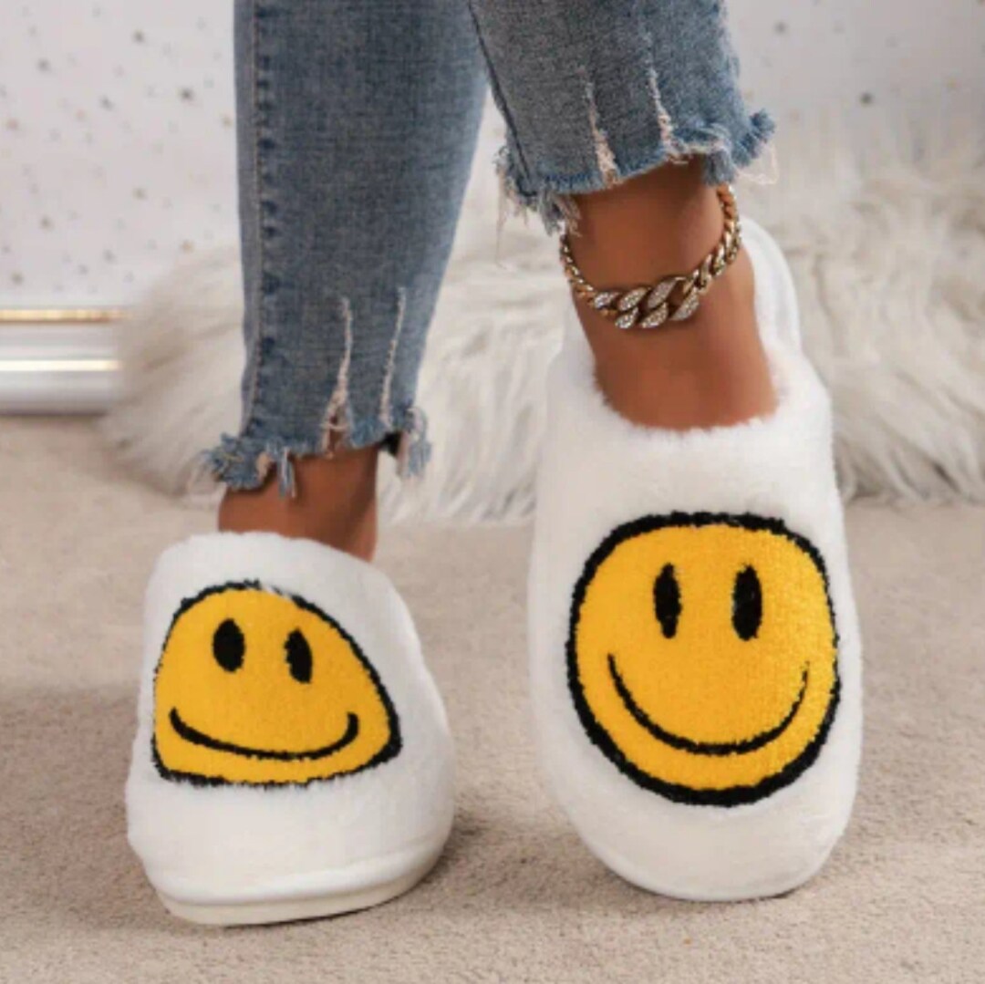 Smiley Face Slippers Fuzzy Warm Plush Bedroom Cozy - Etsy