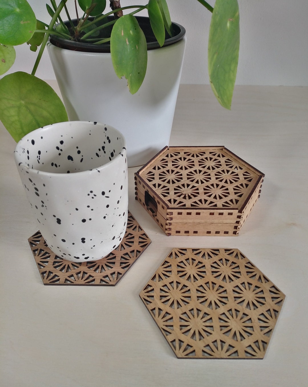 Set of Six Hexagonal Wooden Coasters With Box - Etsy