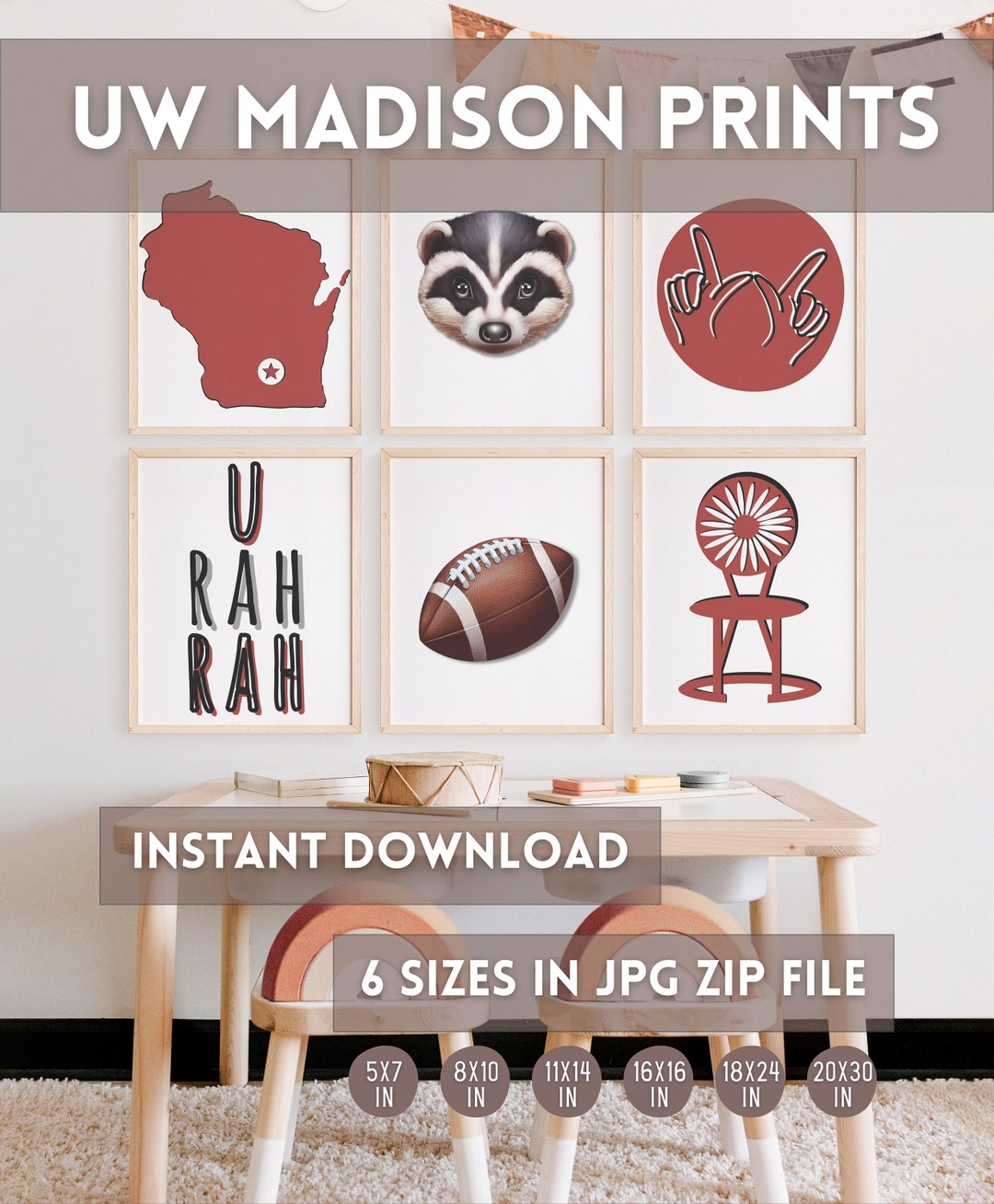 UW Madison Prints Set of 6 Wisconsin Badgers Wall Art Printable Decor ...