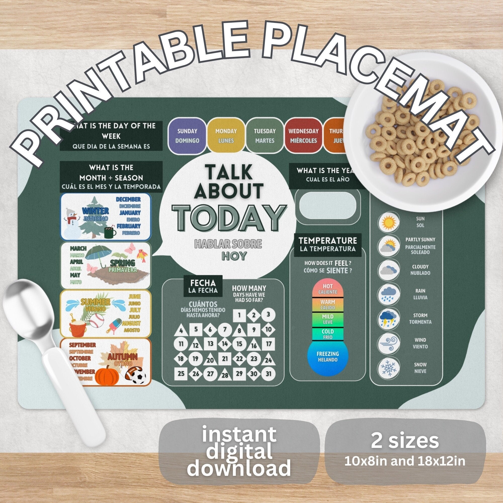 Bilingual Learning Placemat: English Spanish Calendar (digital Download ...
