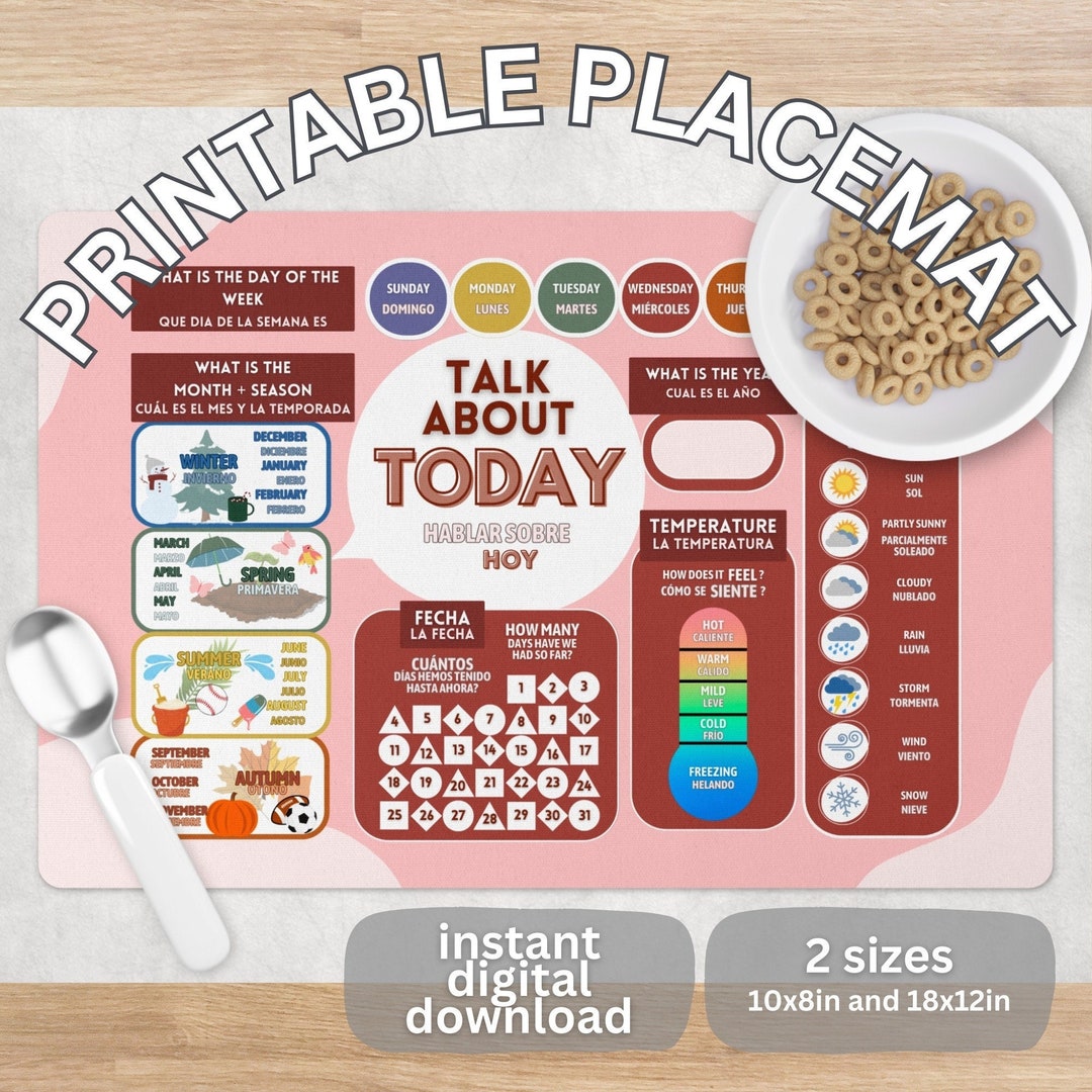 Pink Morning Board Placemat PRINTABLE Bilingual Spanish English Kids ...