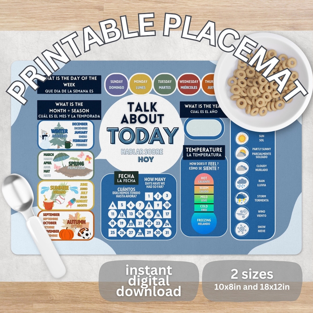 Blue Morning Board Placemat PRINTABLE Bilingual Spanish English Kids ...