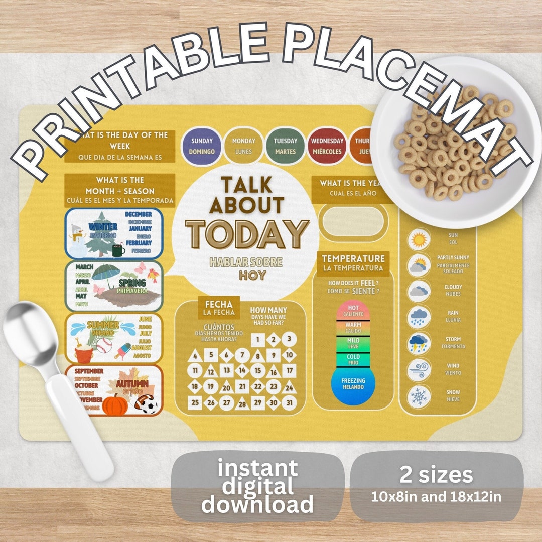 Bilingual Learning Placemat: Spanish English Calendar (digital Download ...