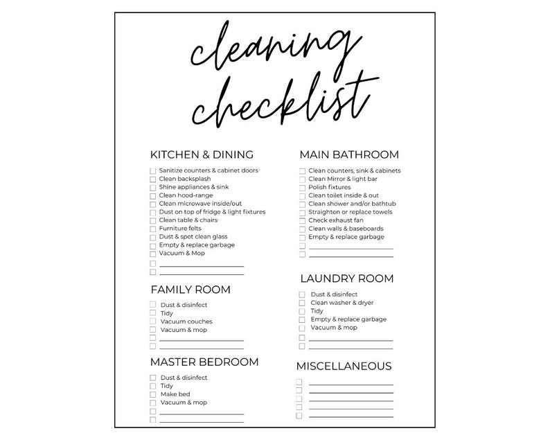 Printable Cleaning Checklist, Minimalist Cleaning Checklist, Cleaning ...