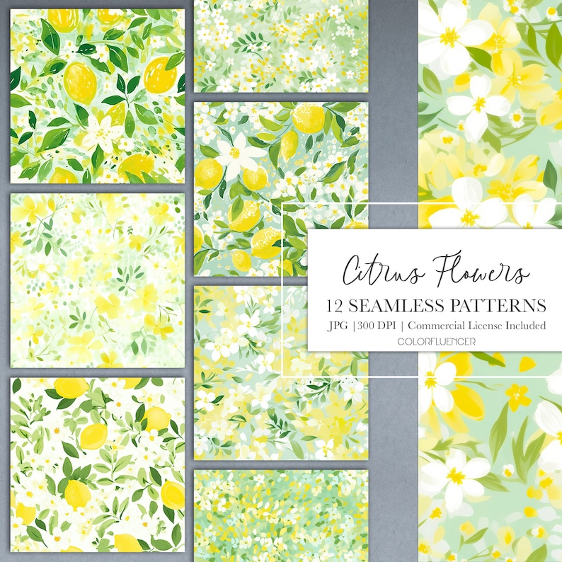 Lemon Floral Seamless Patterns Watercolor Citrus Flowers Digital Papers Sublimation Designs ...