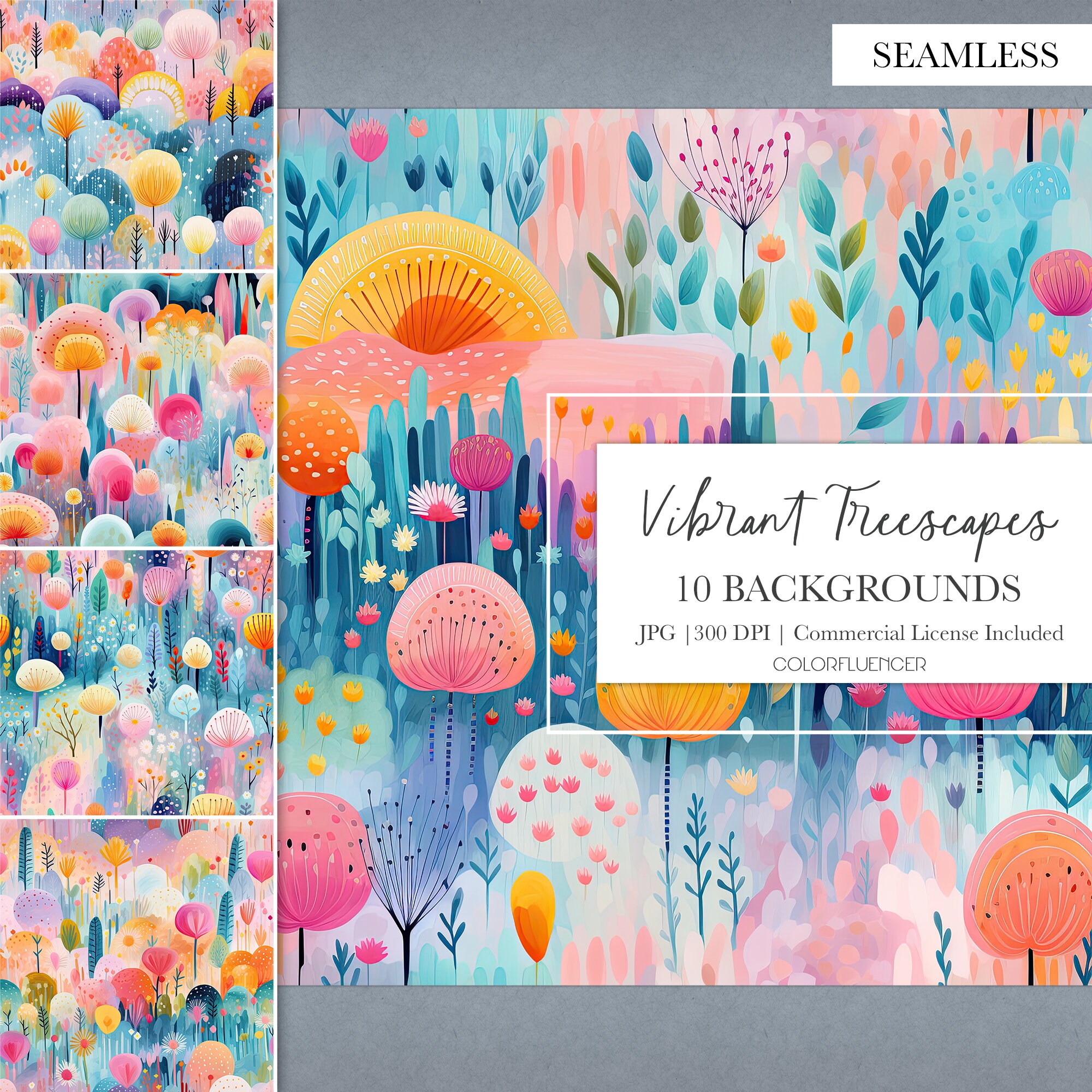 Colorful Backgrounds Vibrant Treescapes Digital Papers Seamless Pattern ...