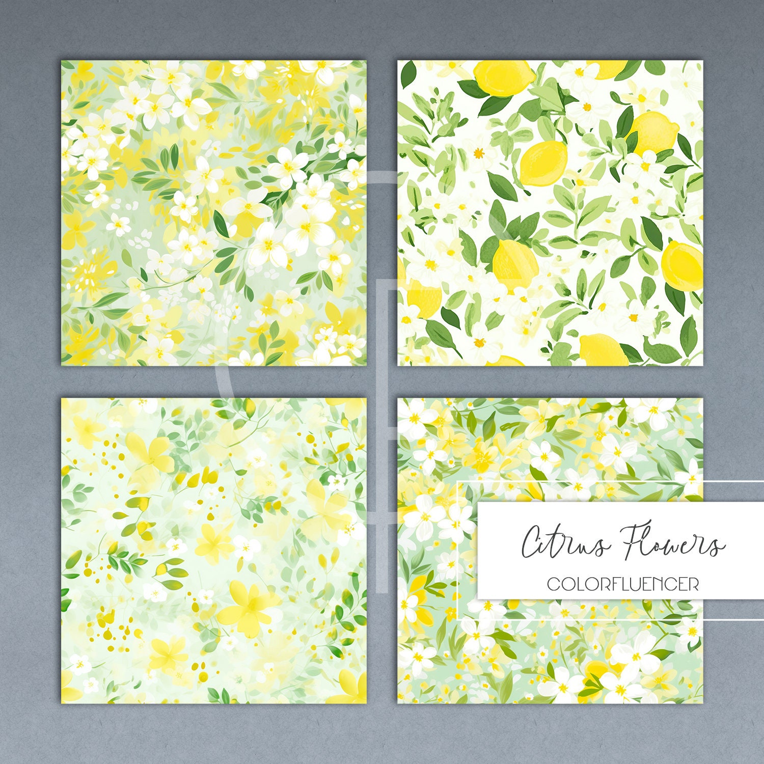 Lemon Floral Seamless Patterns Watercolor Citrus Flowers Digital Papers ...