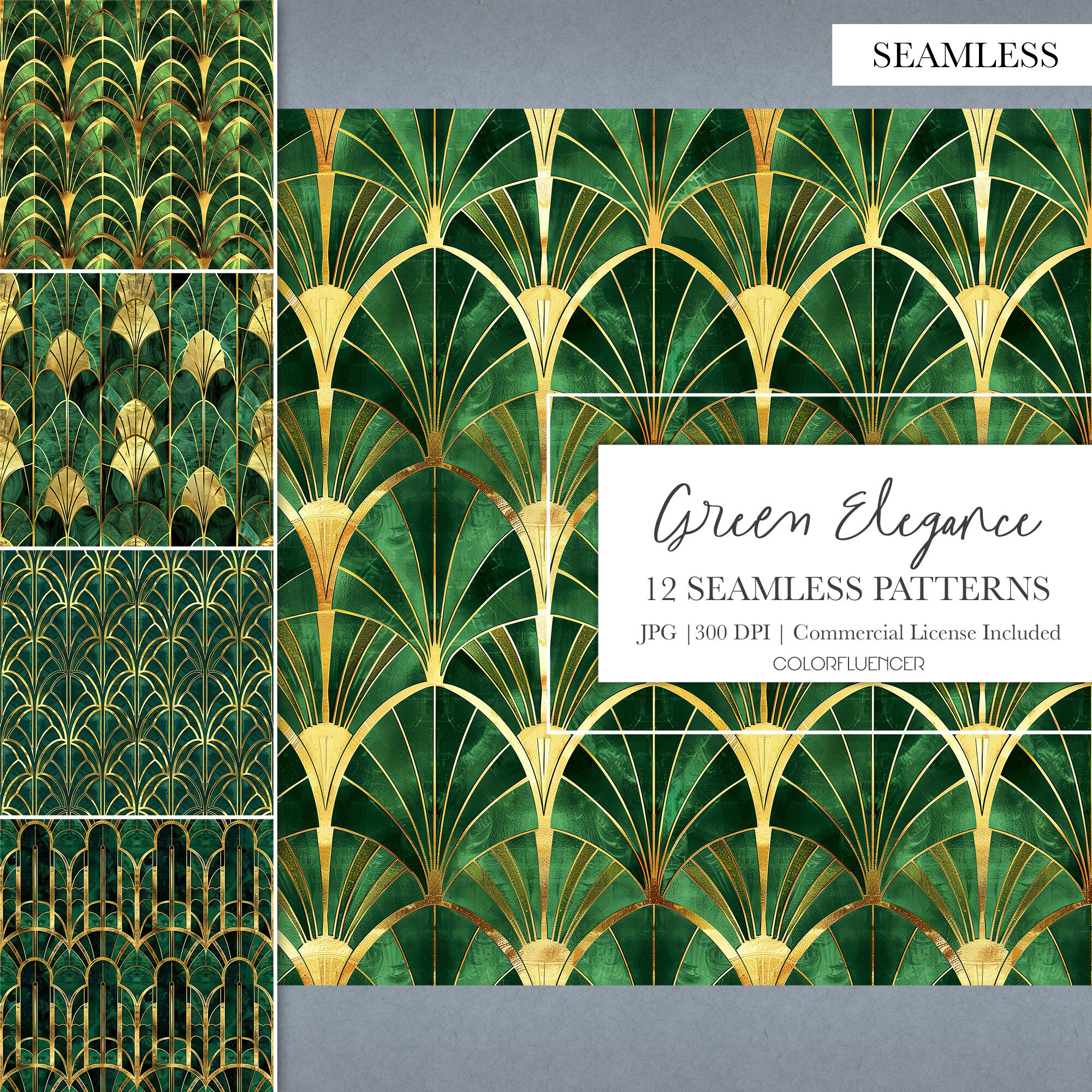 Art Deco Seamless Patterns | Green Elegance | Digital Papers | Printable Patterns for ...
