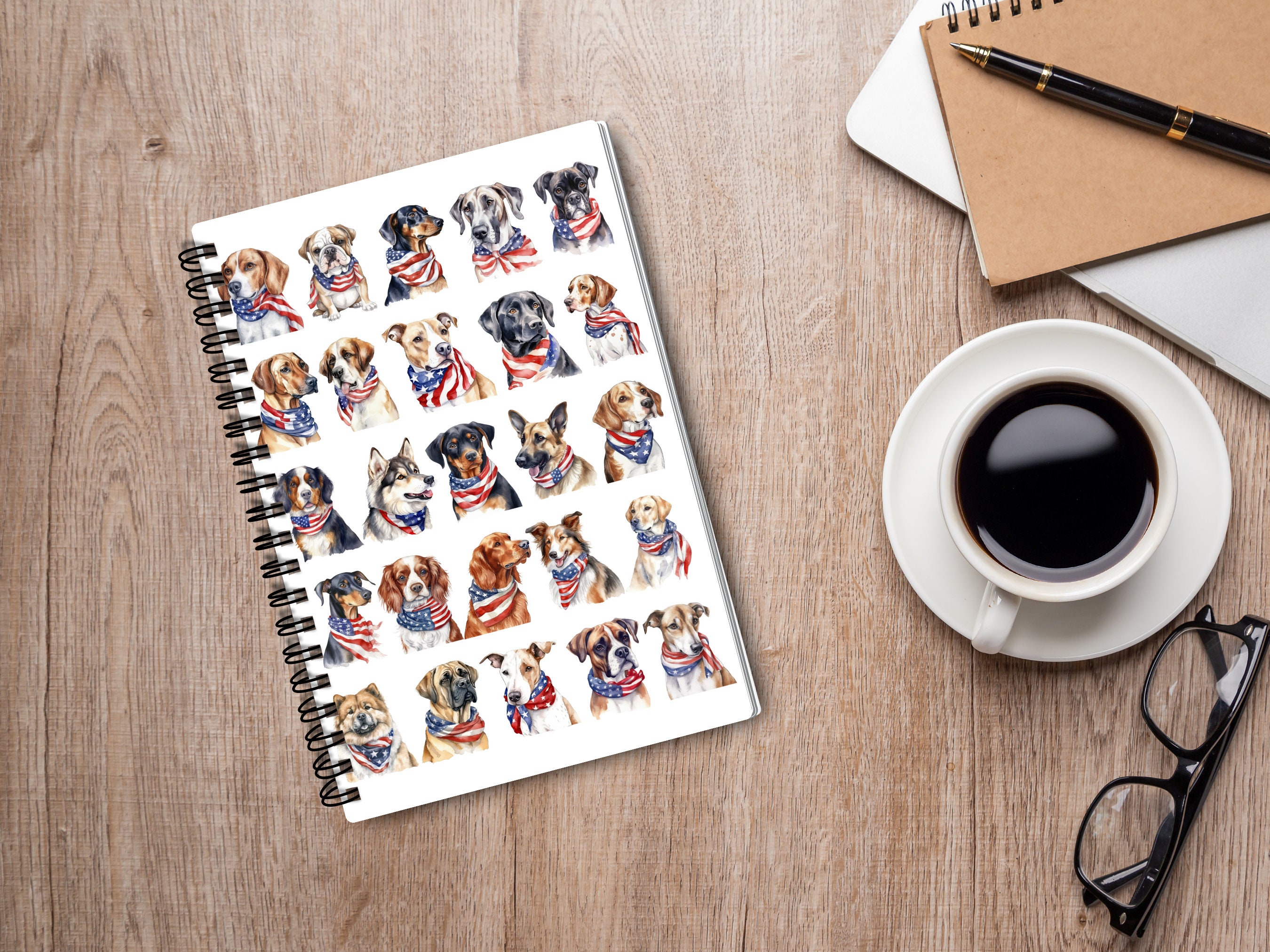Patriotic Watercolor Dogs Spiral Notebook Soft Cover Coil Wire Bound ...
