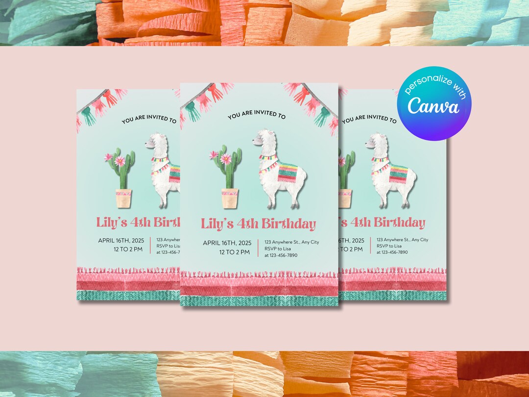 Watercolor Llama Birthday Invitation, Cute Llama Party Invitation ...
