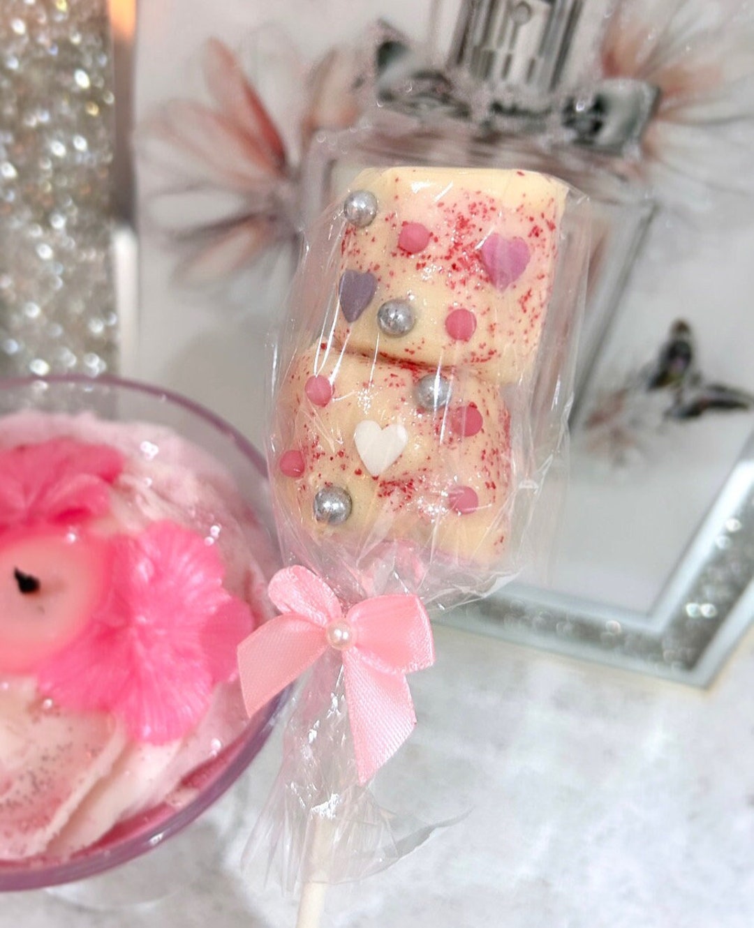 Pink Glitter Sparkle Heart Sprinkles Double White Chocolate Bow ...