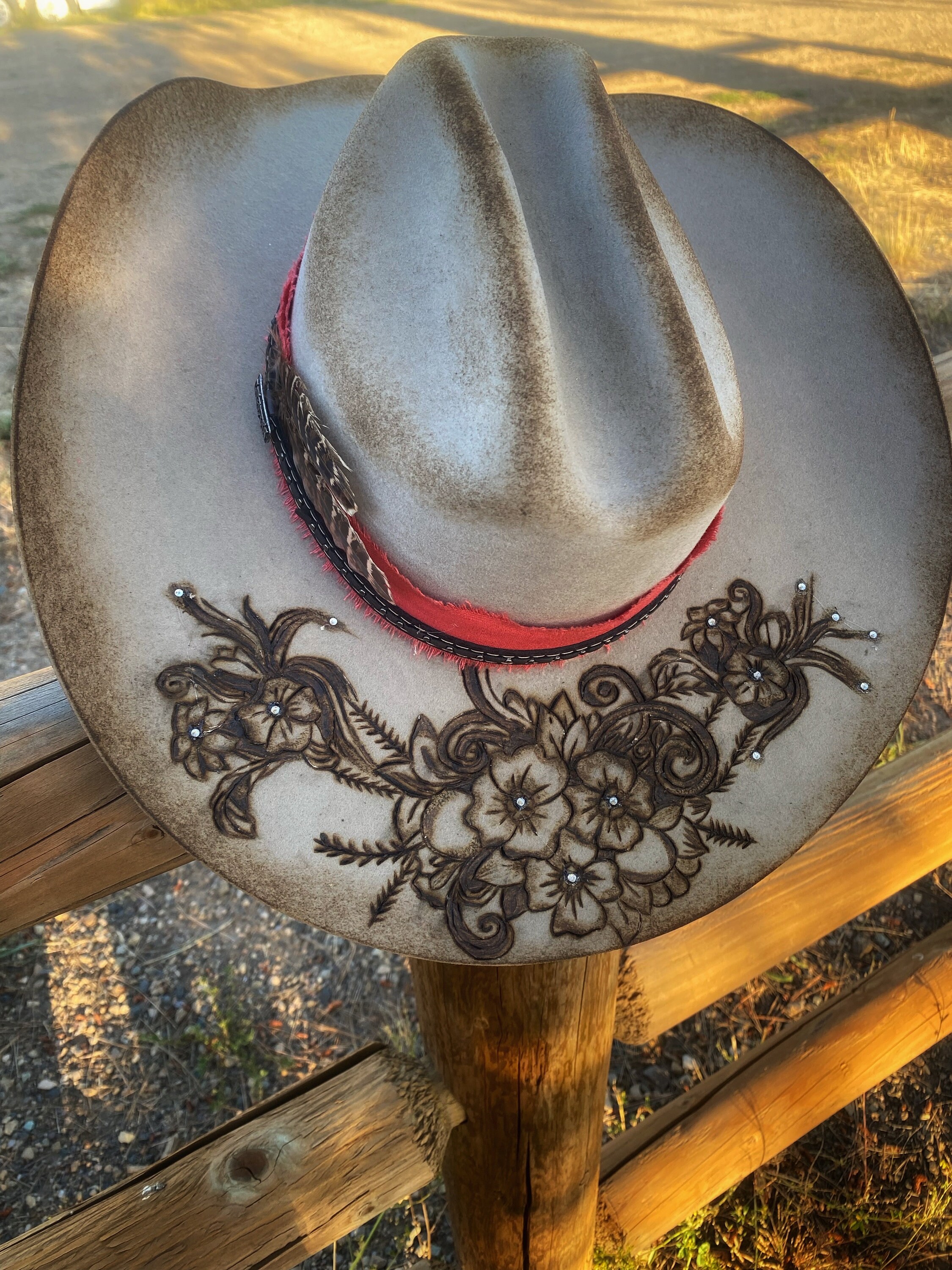 Tooled Flower Cowboy Hat W/ Coral Band - Etsy