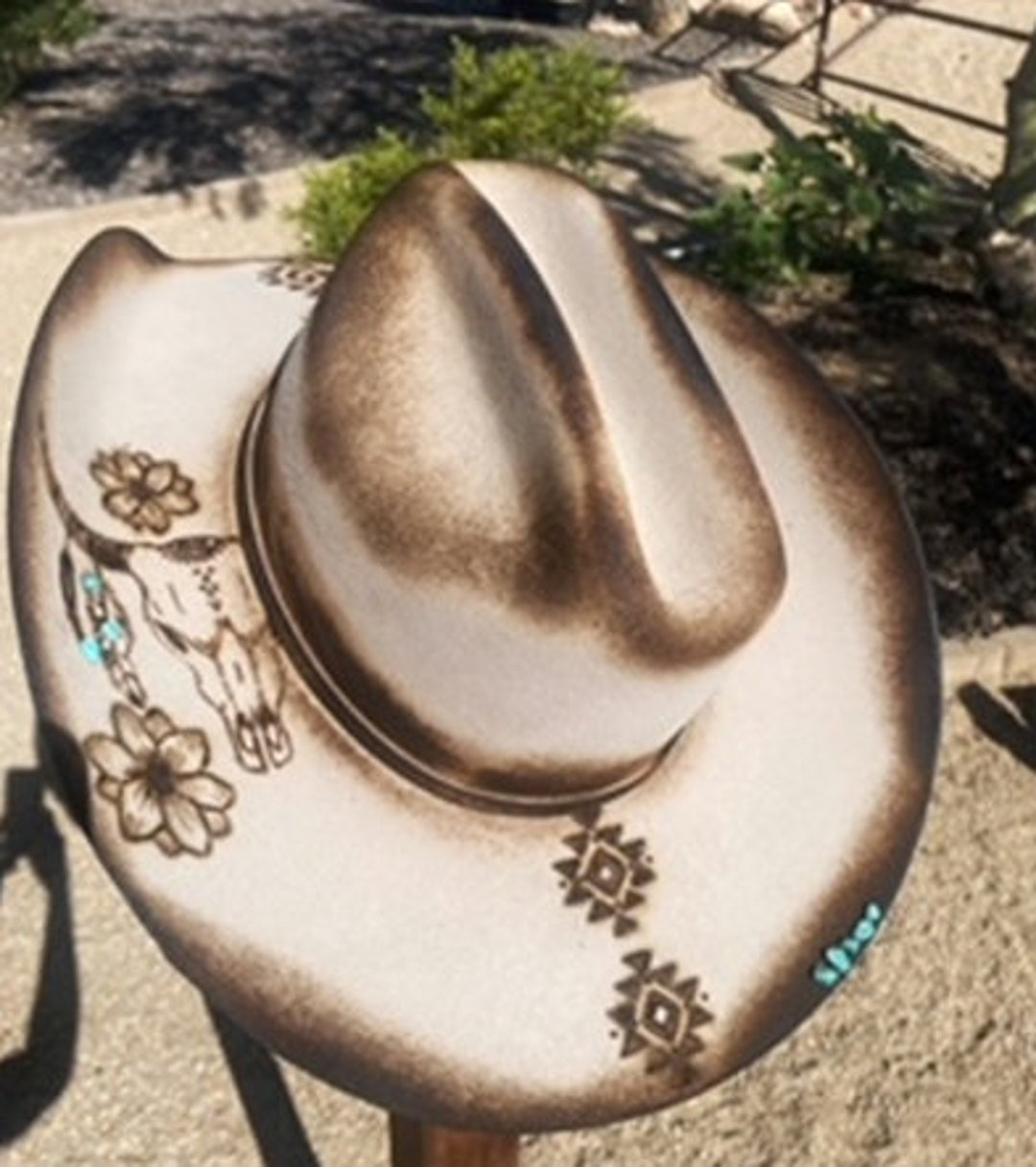 Aztec Cow Skullw/ Turquoise Burned Cowboy Hat - Etsy