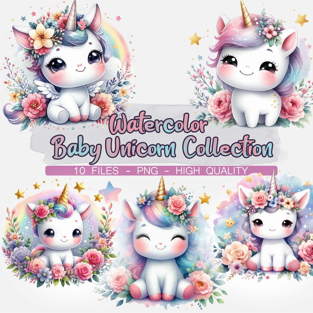 Watercolor Baby Unicorn Clipart, 10 PNG Birthday Unicorn Clipart ...