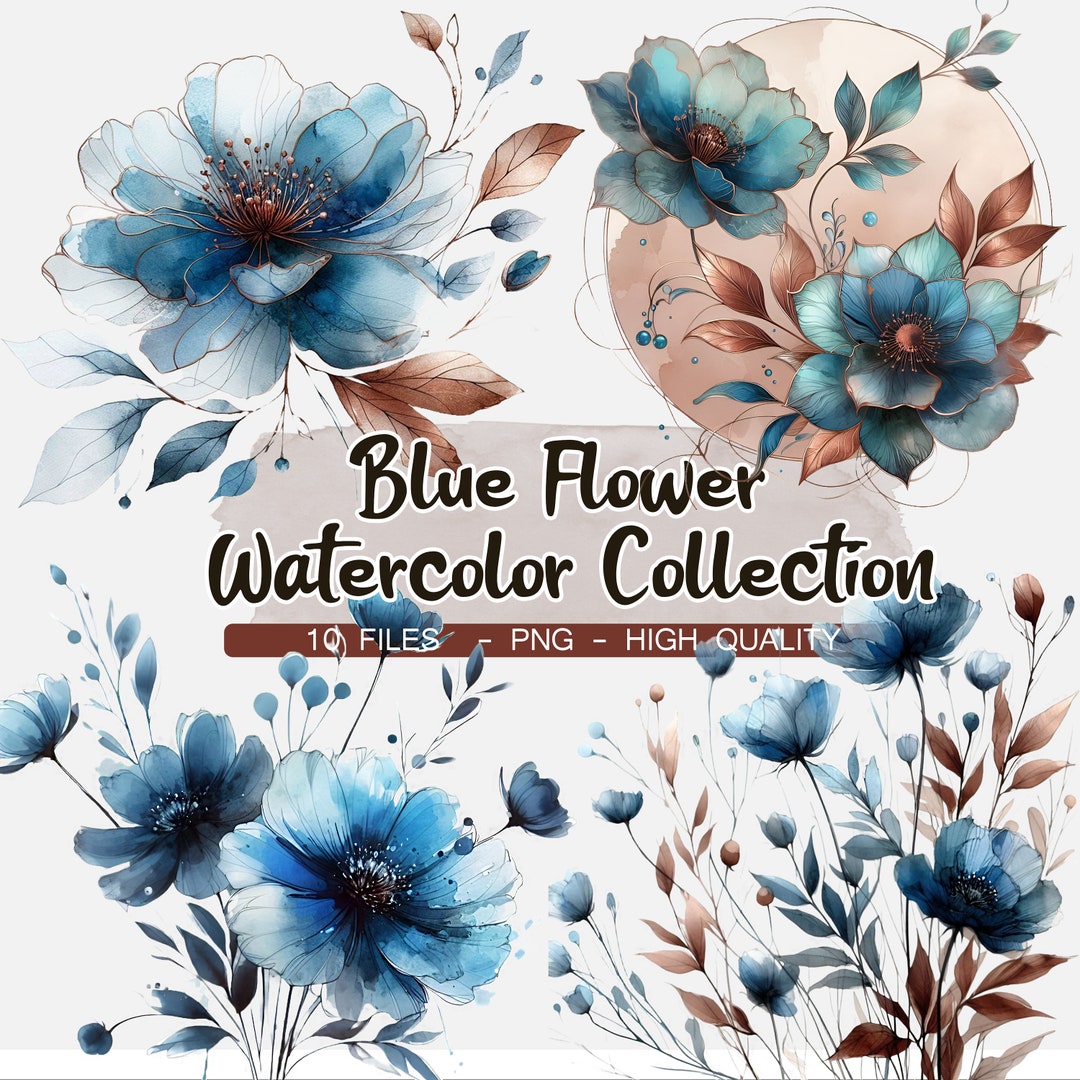 Abstract Blue and Brown Flowers Clipart, Watercolor Flower Clipart ...