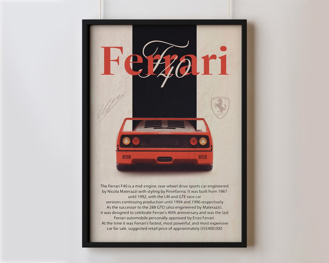 Ferrari F40 Vintage Poster Ferrari F40 Poster, Vintage Car Art, Classic ...