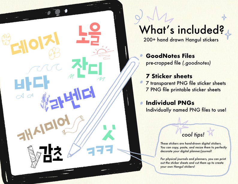 Korean Hangul Digital Stickers-hand-drawn Korean Alphabet, Goodnotes ...