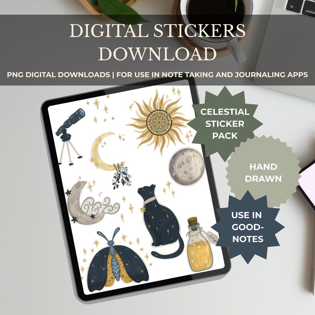 Celestial Digital Stickers | Witchy Moon + Star Clipart | Hand Drawn ...