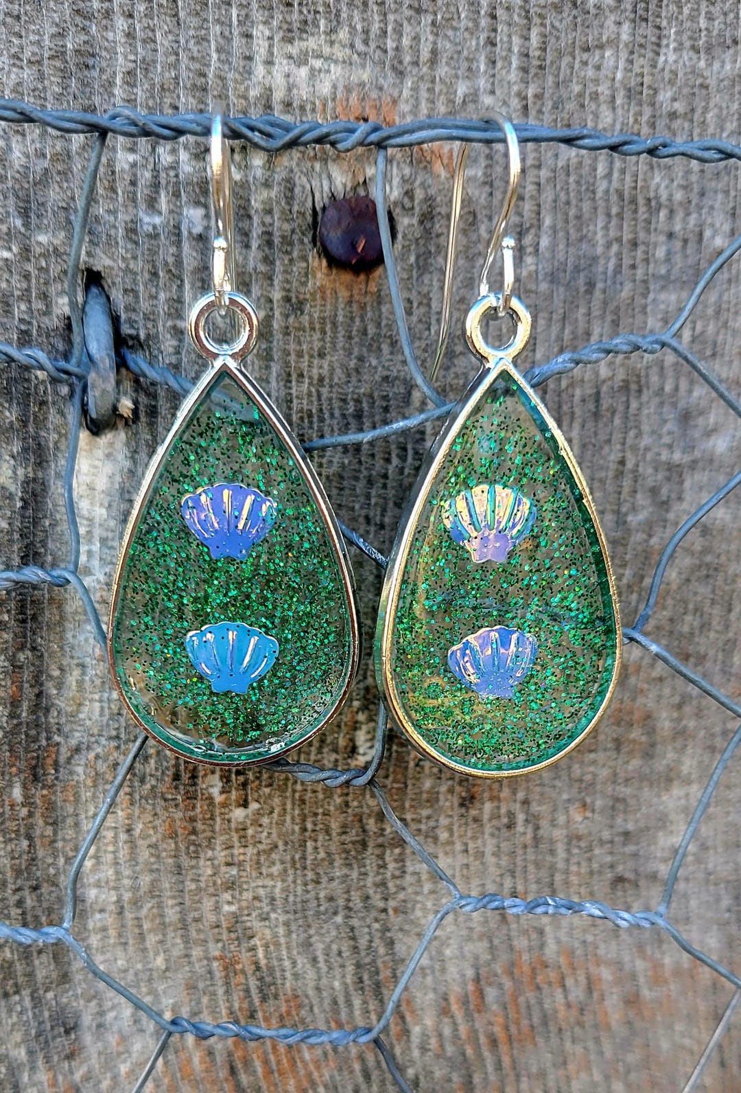 Tear Drop Shape With Mini Seashells and Green Sparkle Resin on Sterling ...