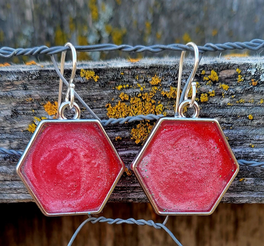 Hexagon Shape Red and White Swirl and Sparkles Design on Sterling ...