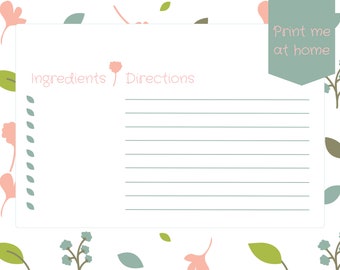 Printable Recipe Card Template | Modern Blue Floral Design | Digital ...
