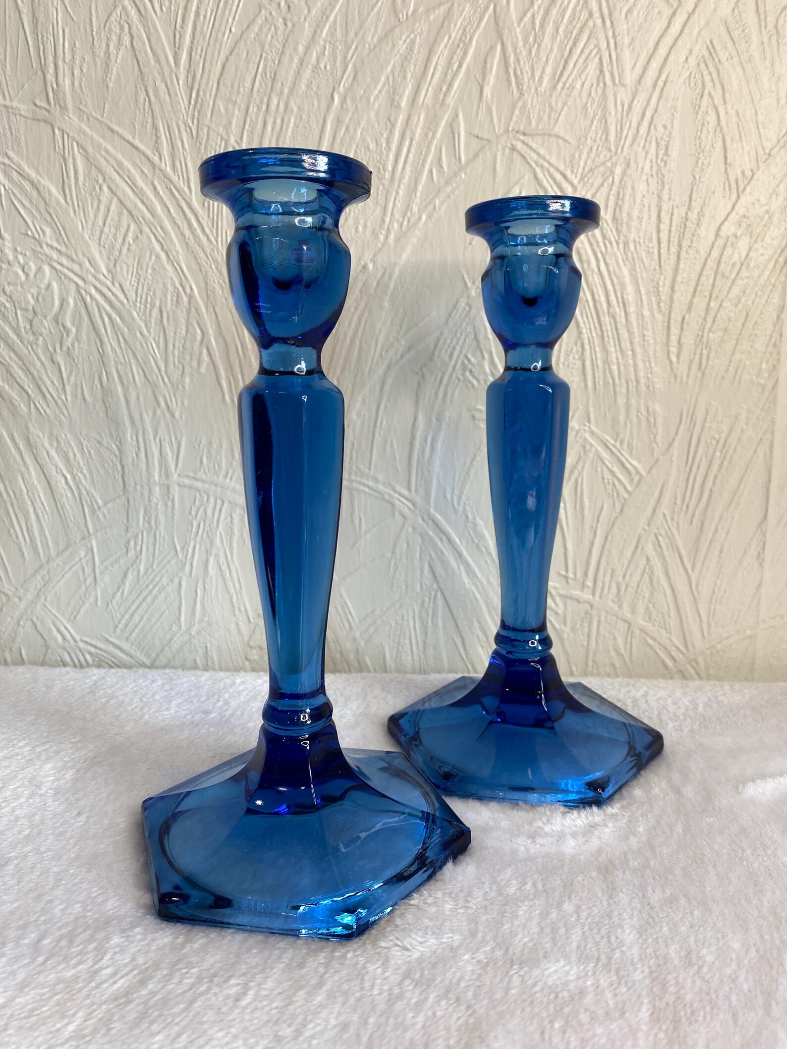 Pair, Set of 2 Tall Fenton Florentine Sapphire Blue Glass Elegant ...