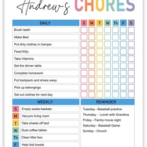 Kids Weekly Chore Chart Kids Daily Chore Chart Kids Chore - Etsy