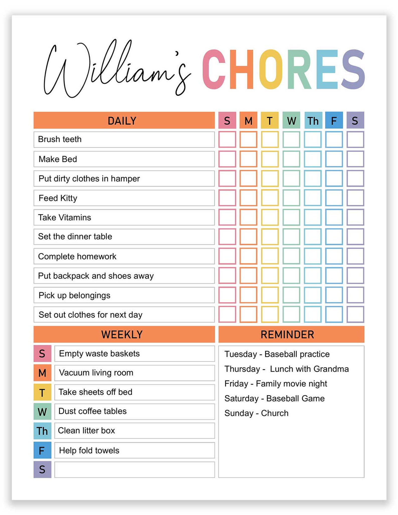 Kids Weekly Chore Chart Kids Daily Chore Chart Kids Chore - Etsy