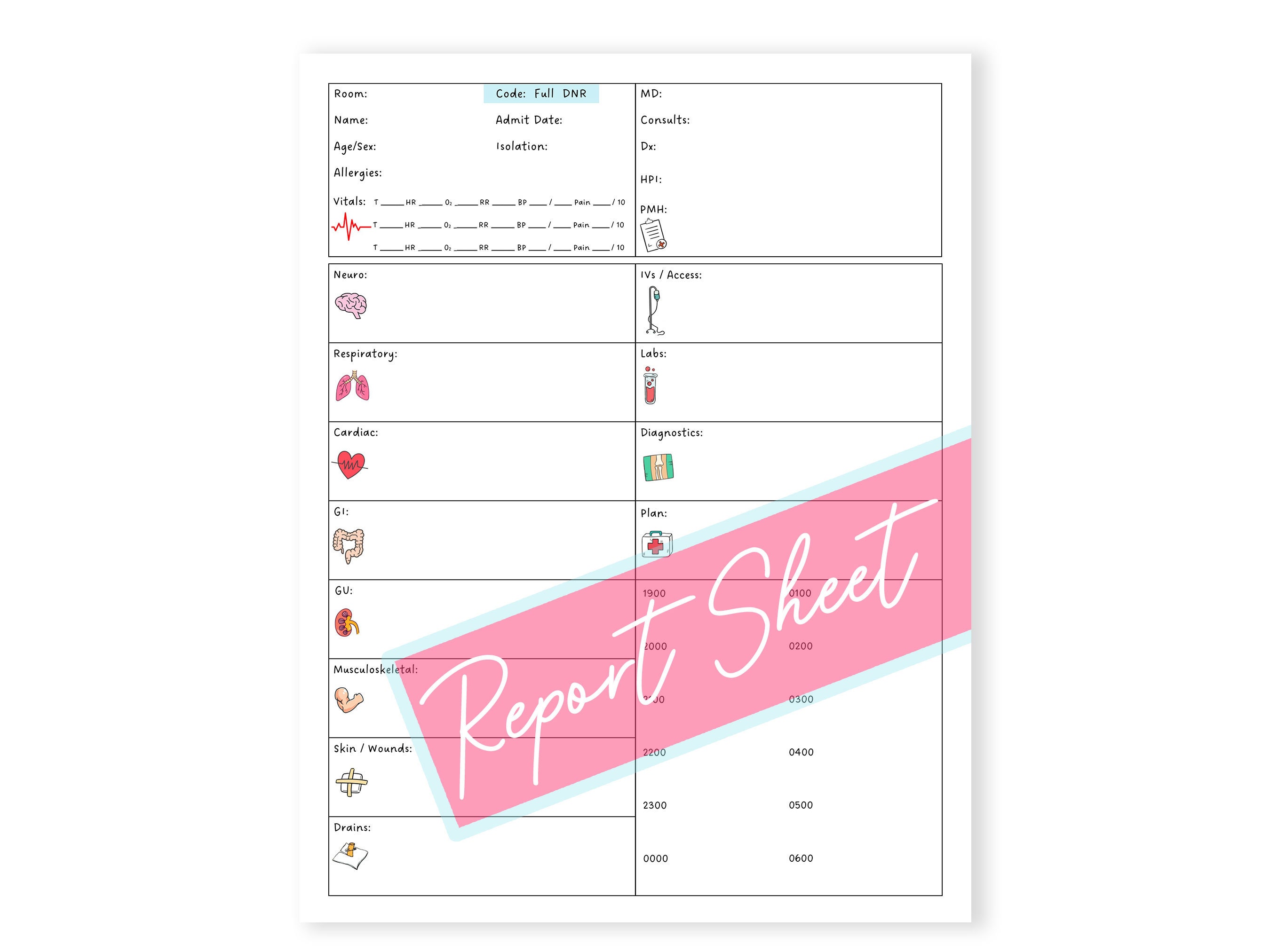 Cute Nurse Brain Sheet Med Surg Report Sheet Tele Report Sheet Student ...