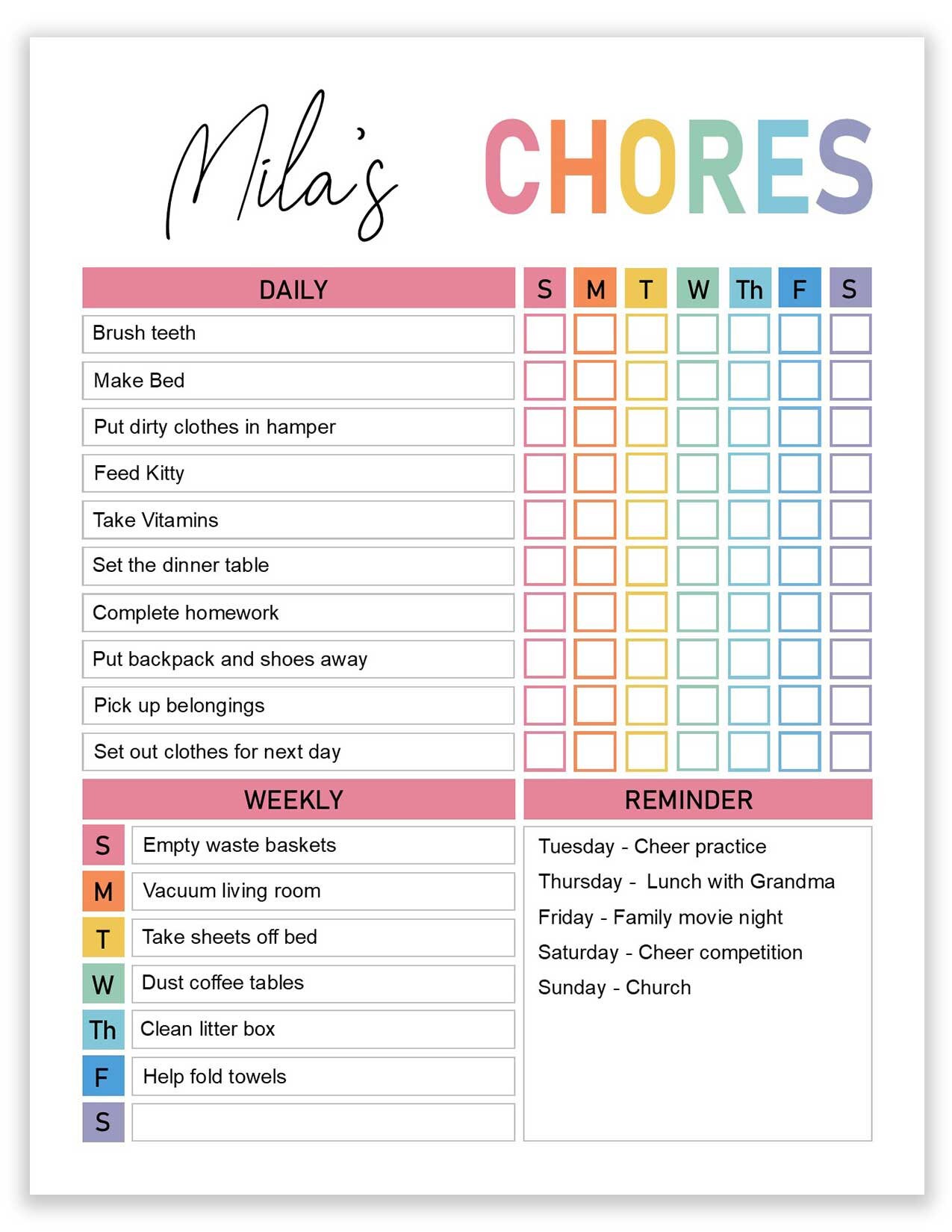 Kids Weekly Chore Chart Kids Daily Chore Chart Kids Chore - Etsy
