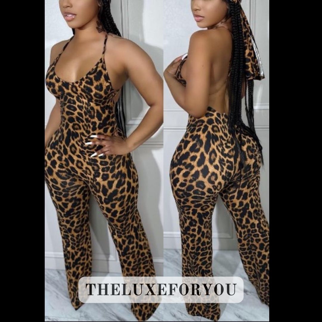 Leopard Print Spaghetti Strap Backless Jumpsuit Etsy