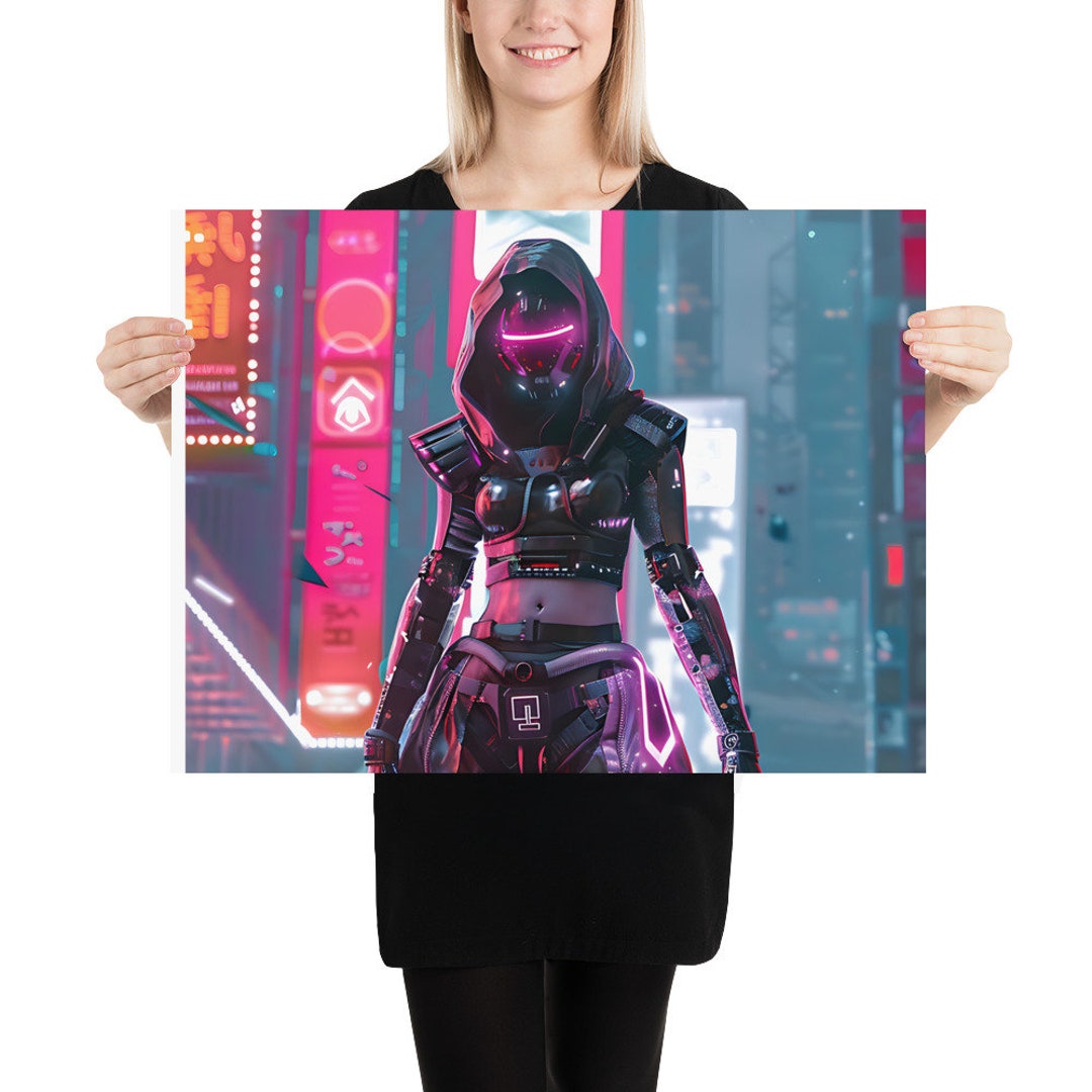Cyberpunk Vigilante Guardian of Neon Skies Poster - Etsy