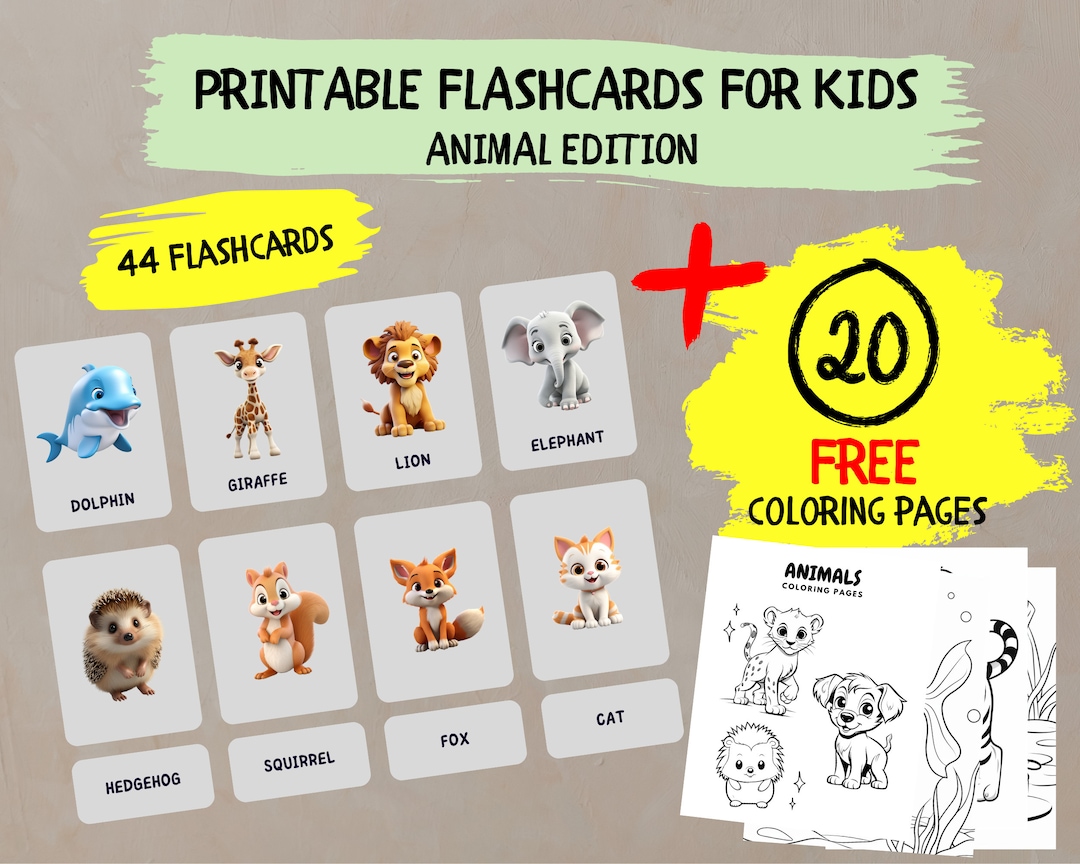 44 Animal Cards + 20 Free Coloring Pages | Kids Flashcards| Pre-school ...
