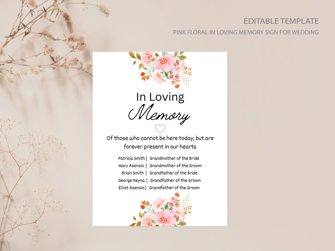 Pink Floral in Loving Memory Honor Sign Wedding, Forever in Our Hearts ...