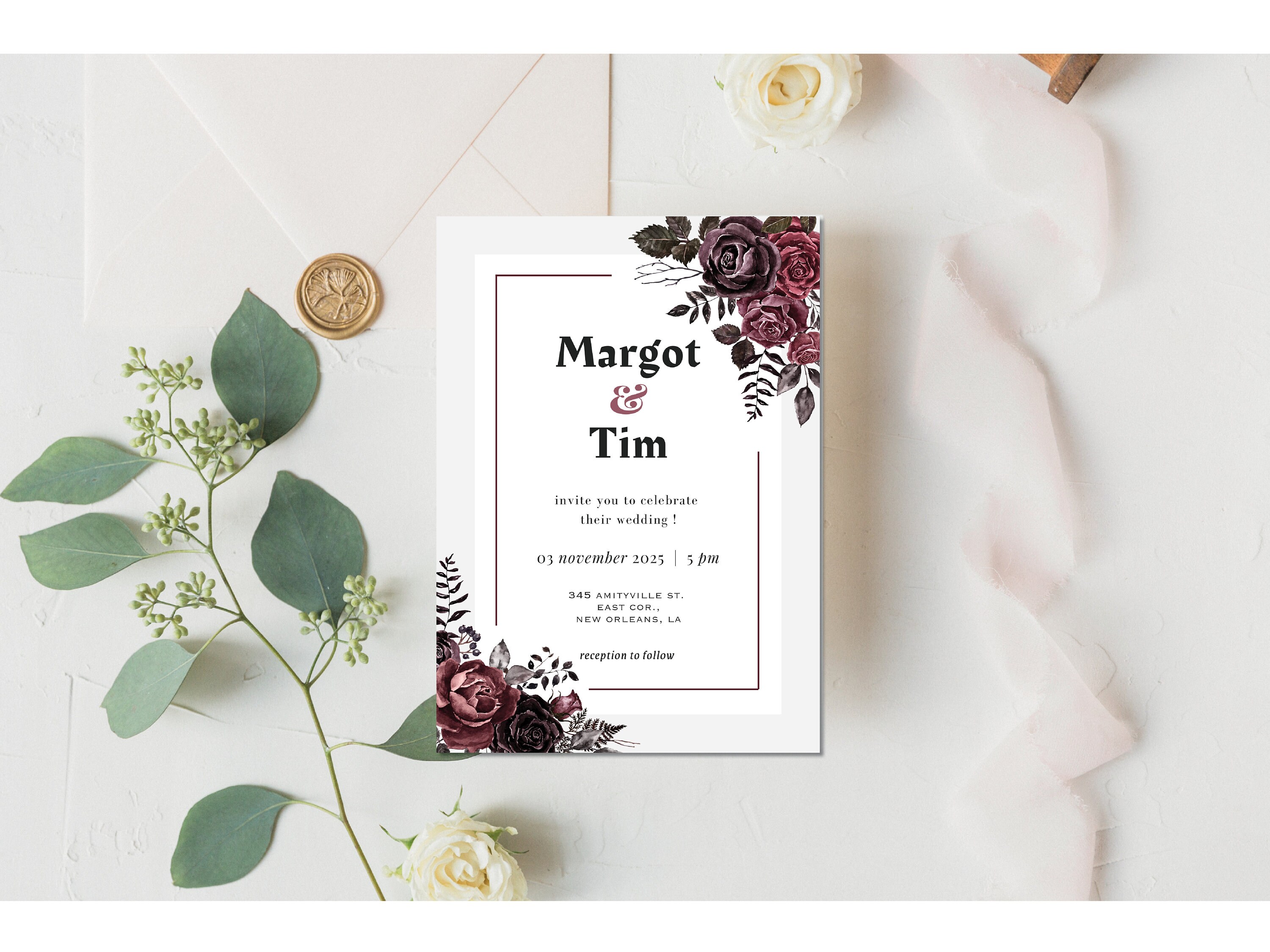 Floral Border Red White Black Wedding Invite Canva Template, Gothic Invitation for Engaged ...