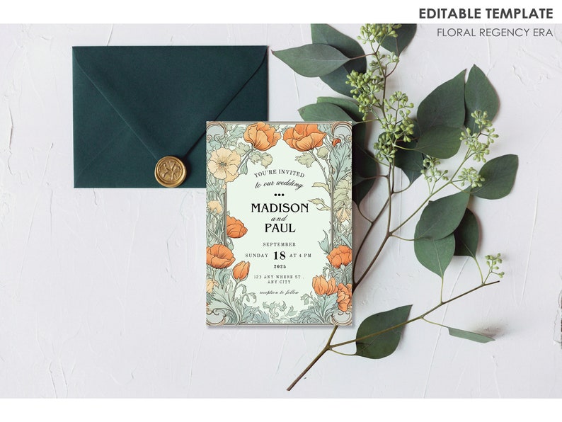 Regency Era Inspired, Garden Party Wedding Invitation Template Editable ...