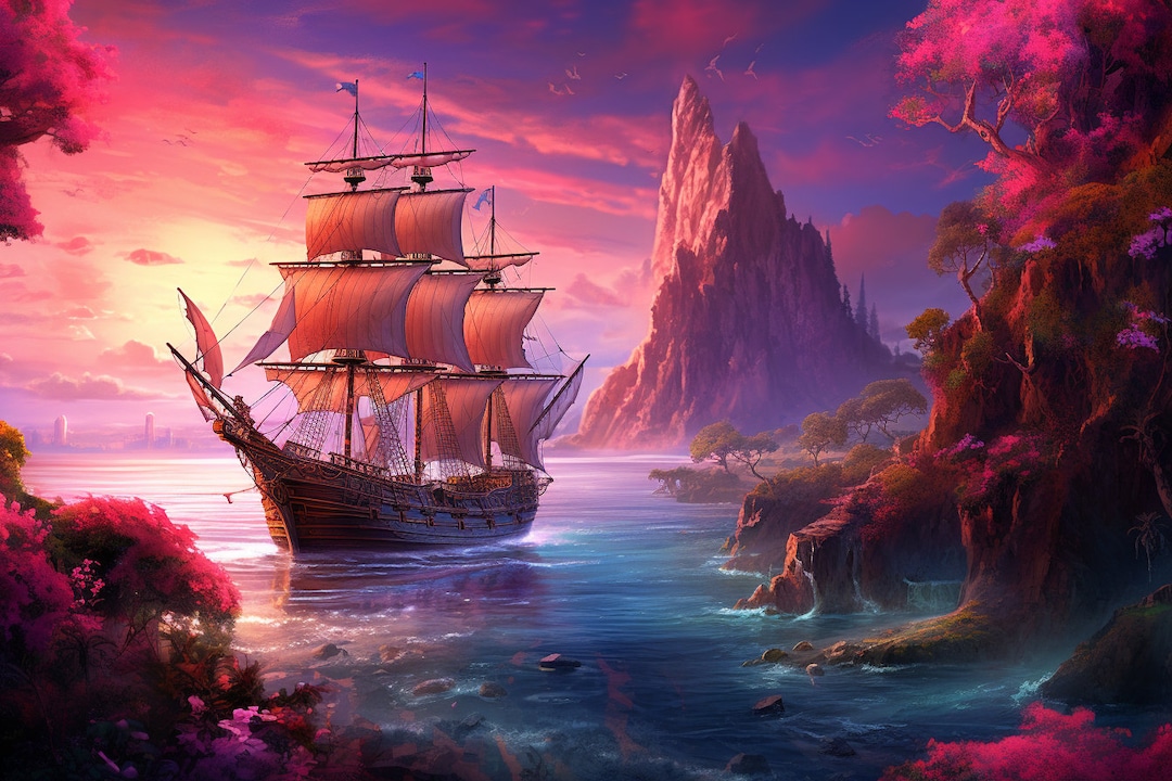 Fantasy Tall Ship Puzzle (1000-piece), Lush Island, Mountains at Sunset ...