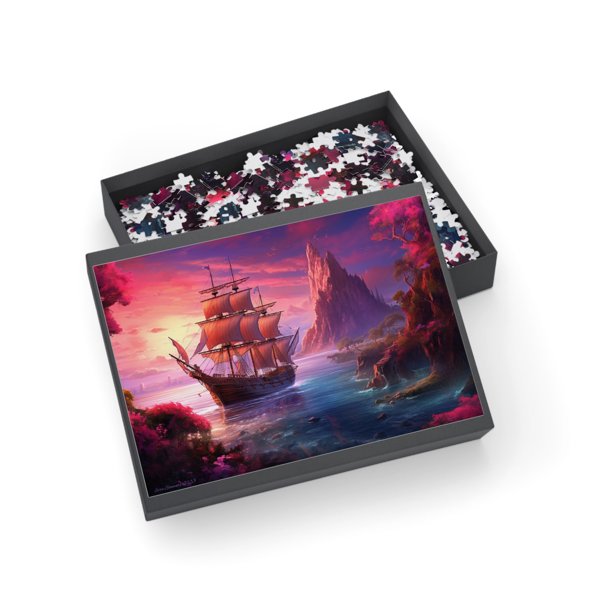 Fantasy Tall Ship Puzzle (1000-piece), Lush Island, Mountains at Sunset ...