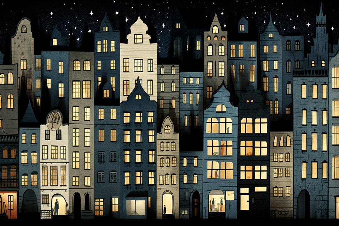 Nighttime Cityscape Puzzle: Illustrated Downtown Scene - Etsy