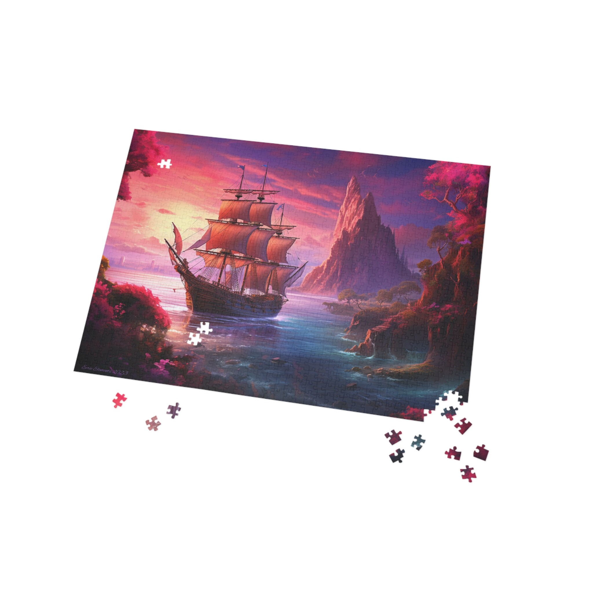 Fantasy Tall Ship Puzzle (1000-piece), Lush Island, Mountains at Sunset ...