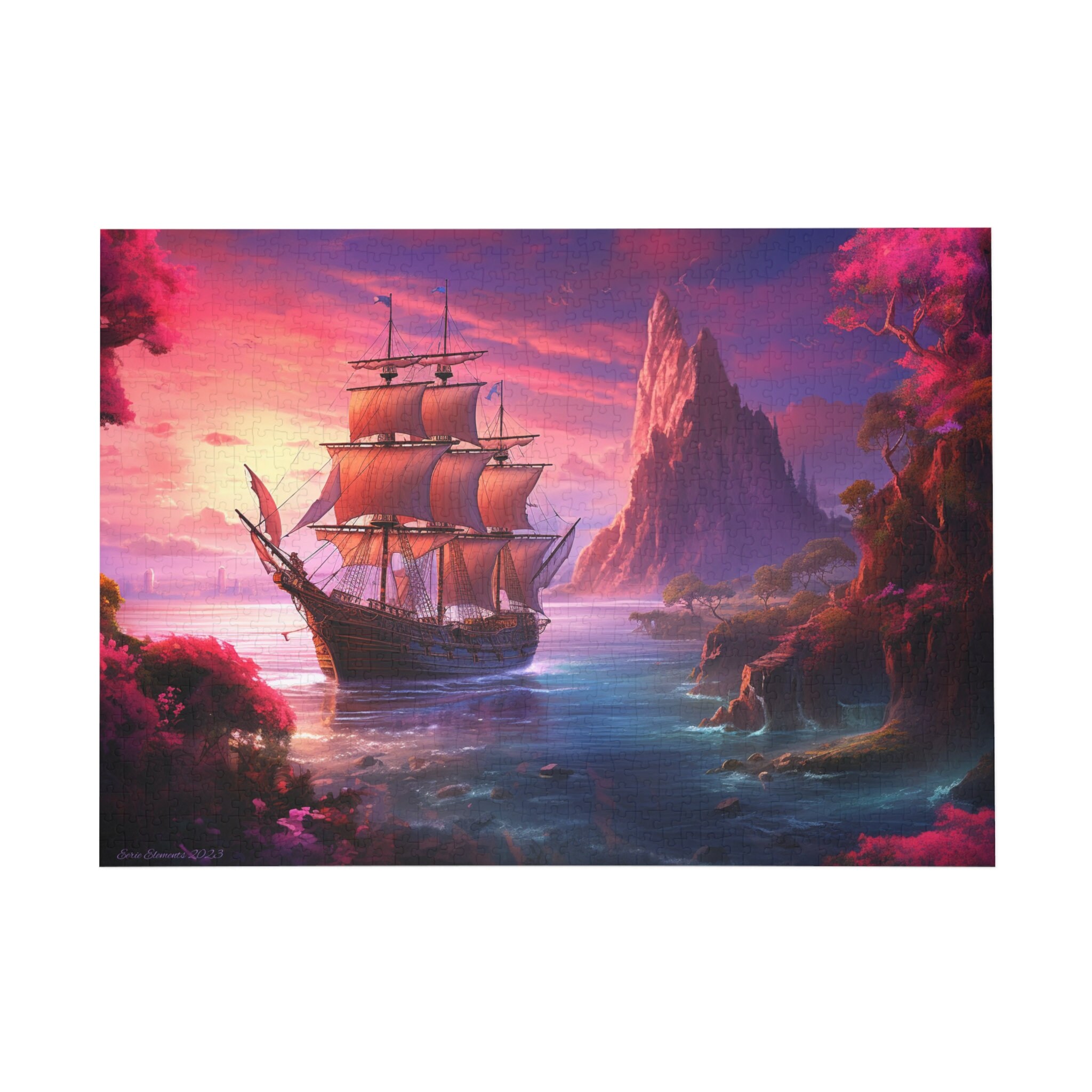 Fantasy Tall Ship Puzzle (1000-piece), Lush Island, Mountains at Sunset ...