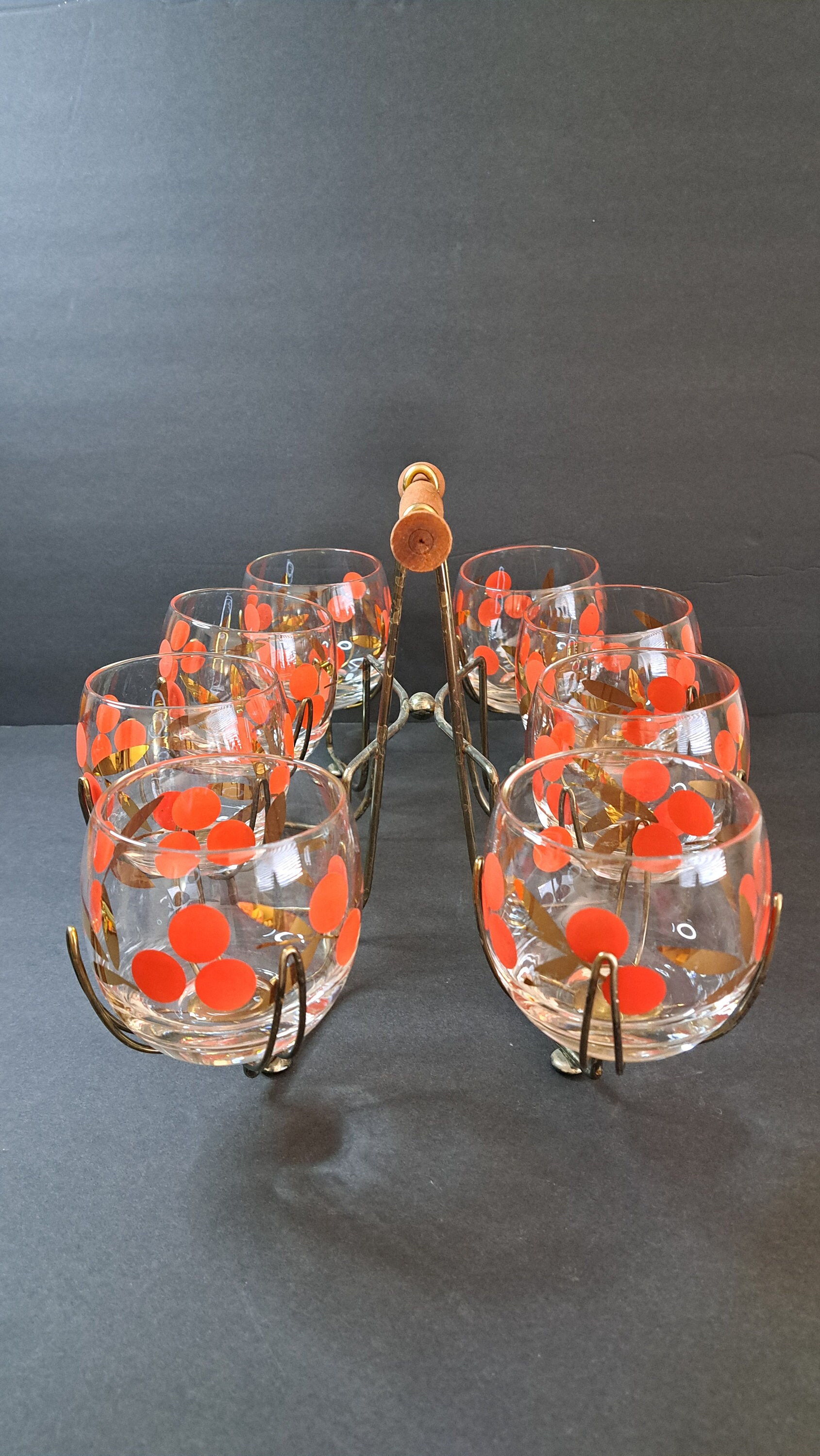 1950s Federal Glass Red Cherry Roly Poly Glasses With Brass Tone ...
