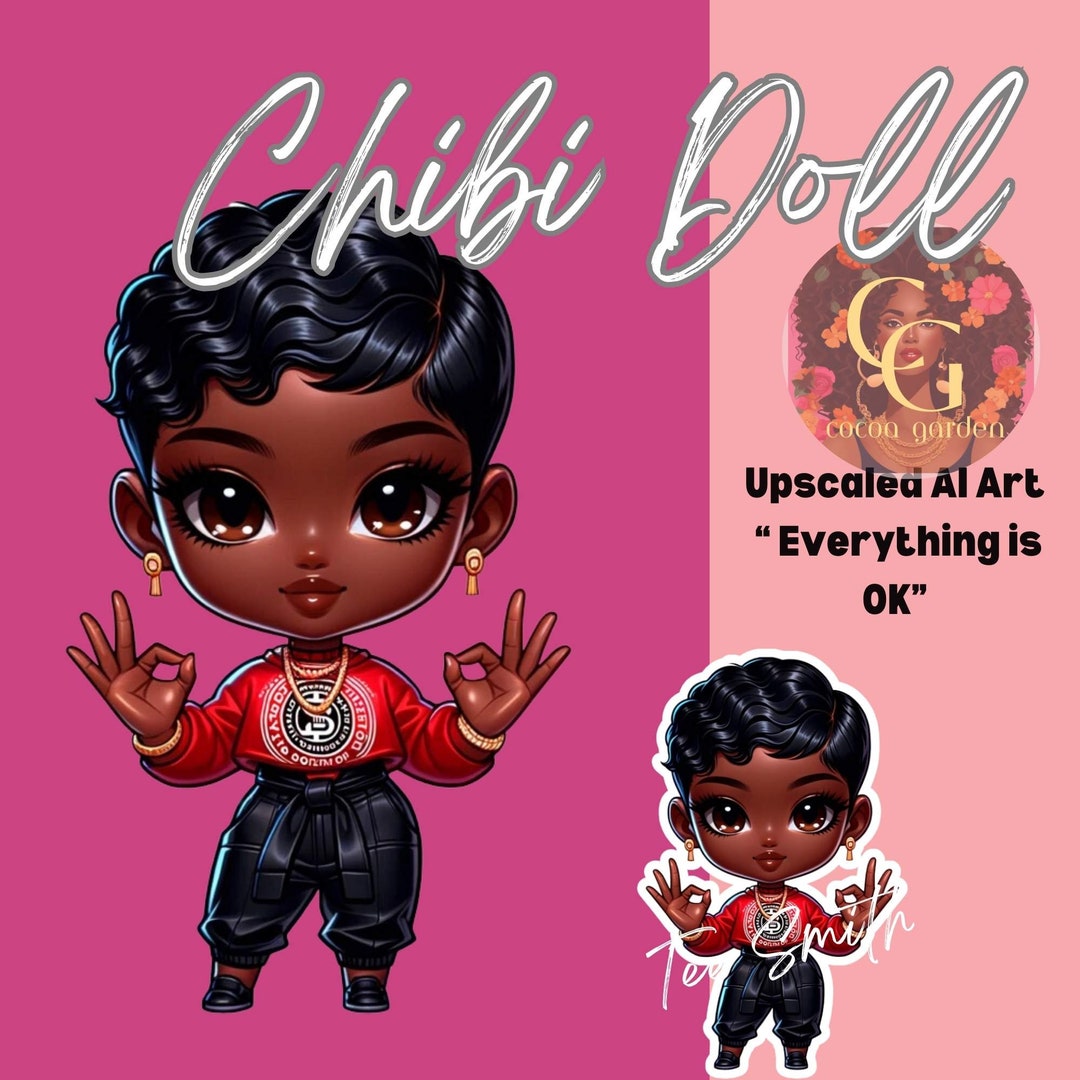 Red Pixie Cut Chibi Doll PNG | African American Clipart (digital ...