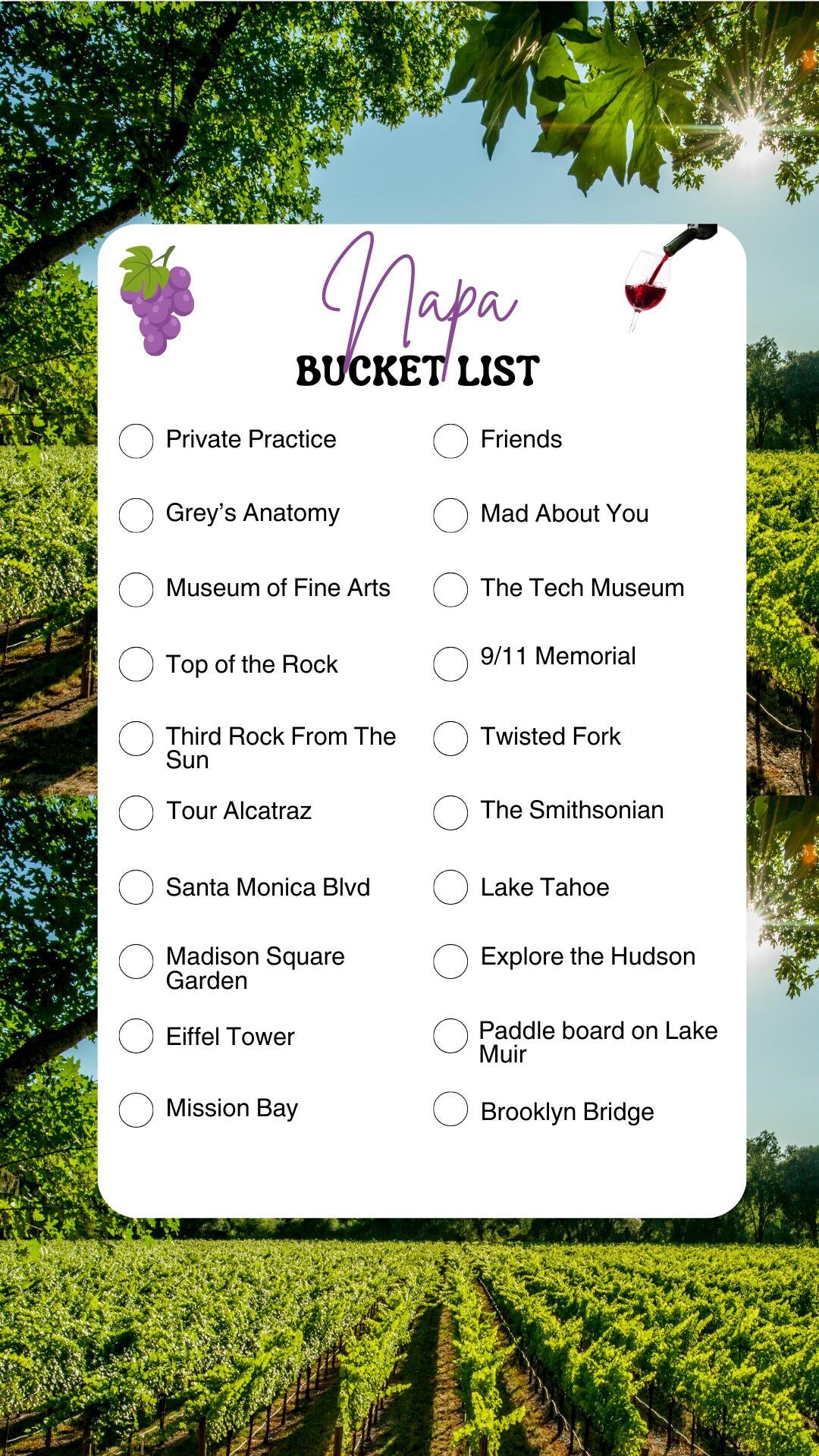 Napa Bucket List mock Example, Travel, Bucket List, to Do, Explore ...