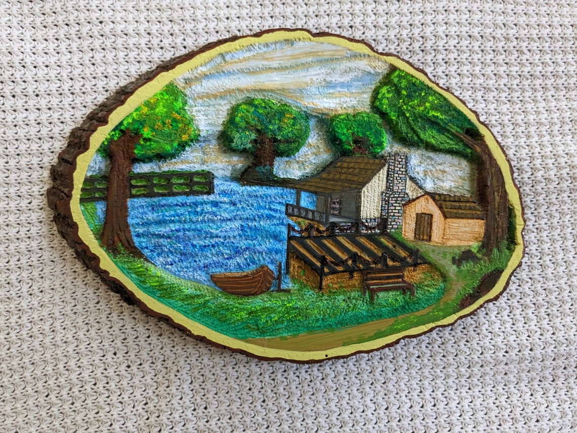 Cabin by the Lake - Textured Wood Carving Painting - Etsy