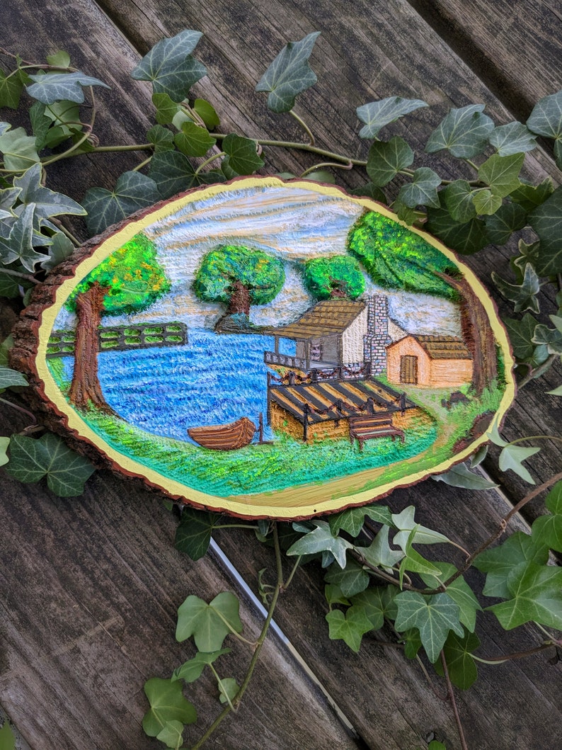Cabin by the Lake - Textured Wood Carving Painting - Etsy
